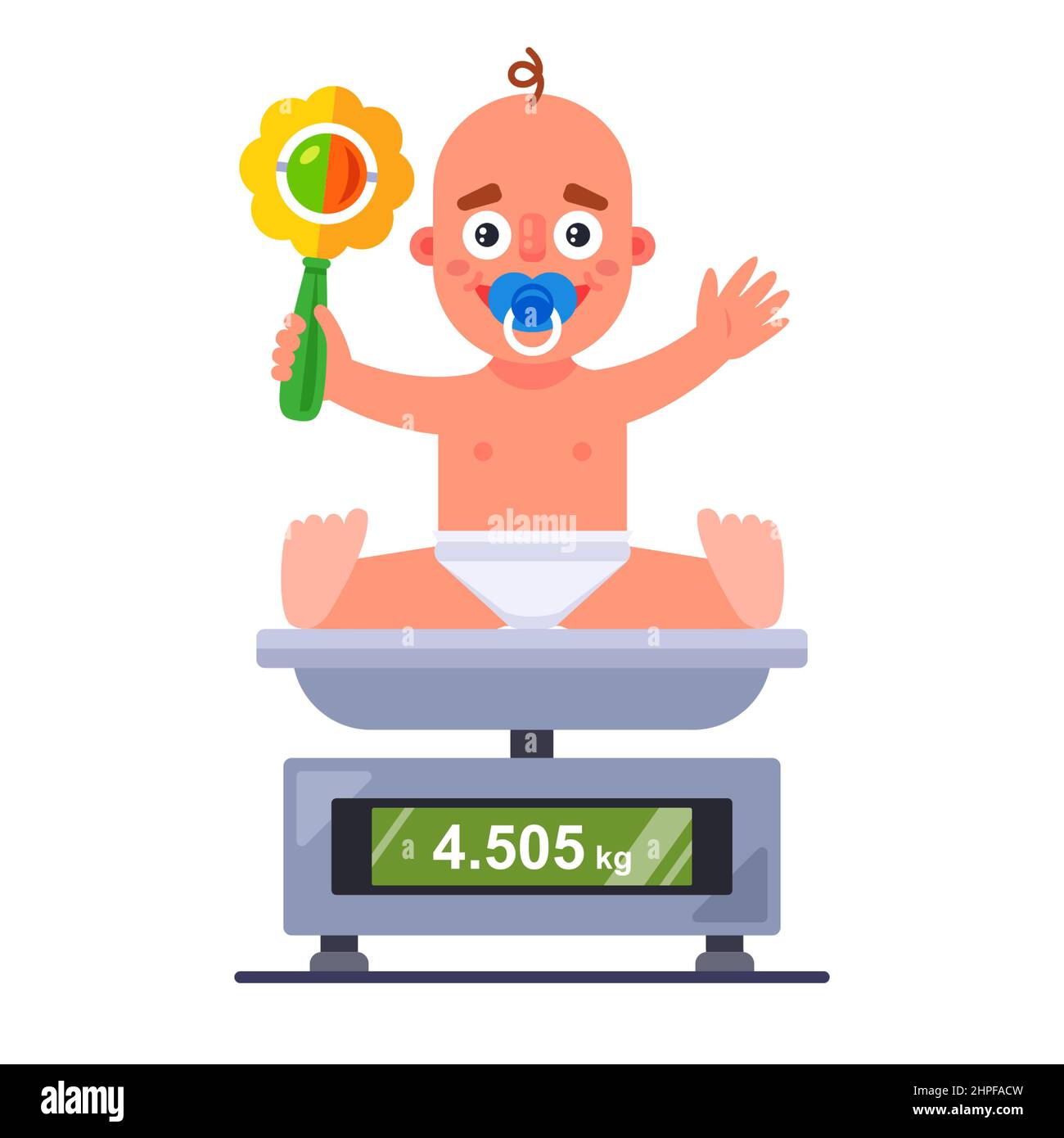 weighing a small child on a scale in a hospital. flat vector character ...