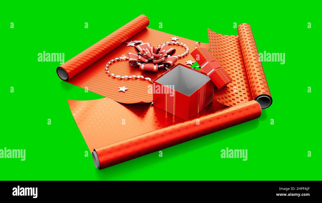 red wrapping paper and present box on green screen, isolated - object ...
