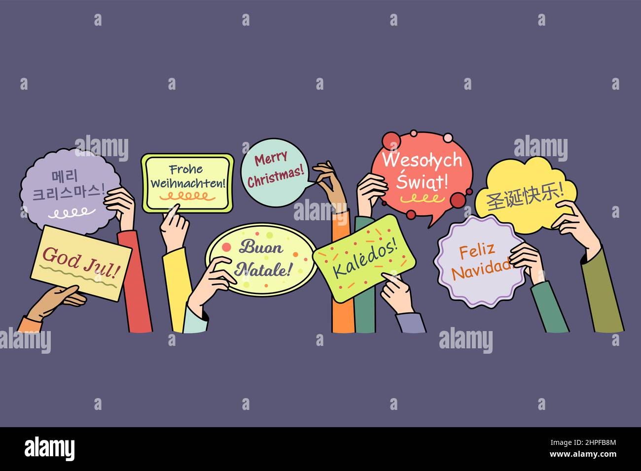 Merry Christmas signs in cultures concept. Human hands holding Merry ...