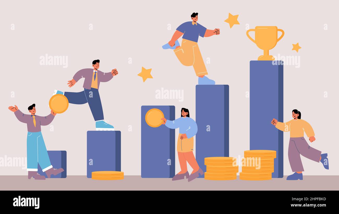 Business people climbing up financial graph stairs with golden cup on ...