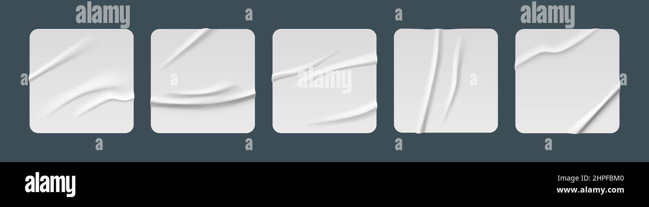 White glued stickers, crumpled paper patches mockup. Blank shrunken ...