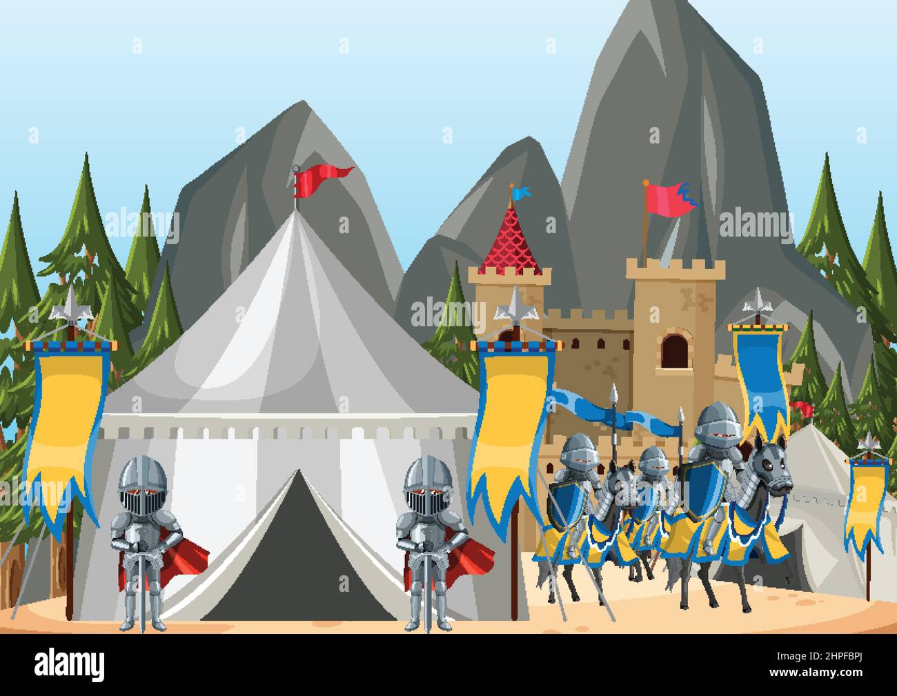 Medieval army camp scene with knights illustration Stock Vector Image ...