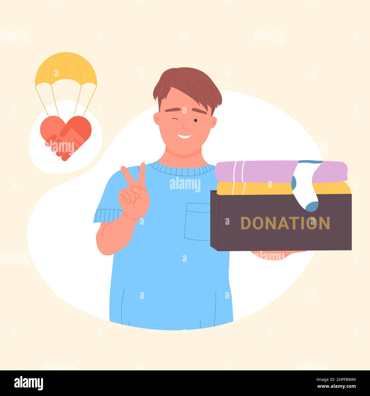 Smiling boy holding a charity donation box. Humanitarian and generous act of giving help to poor ...