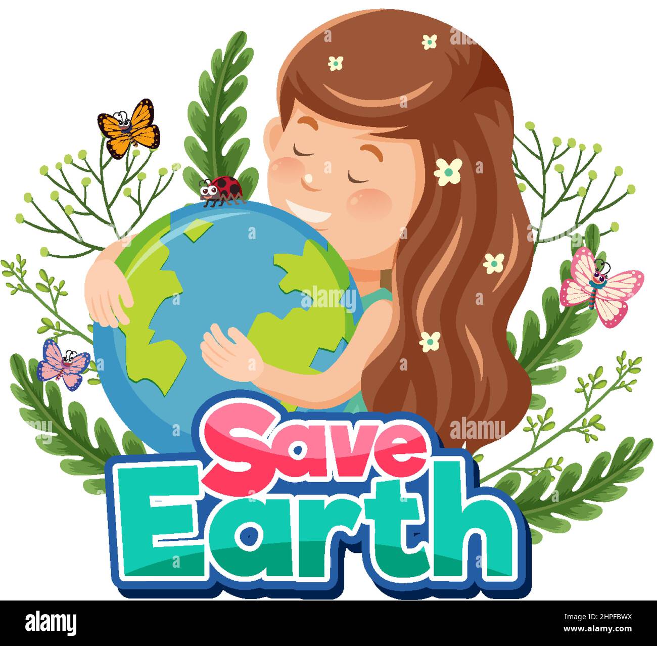 Save Earth banner design with a girl hugging earth globe illustration ...