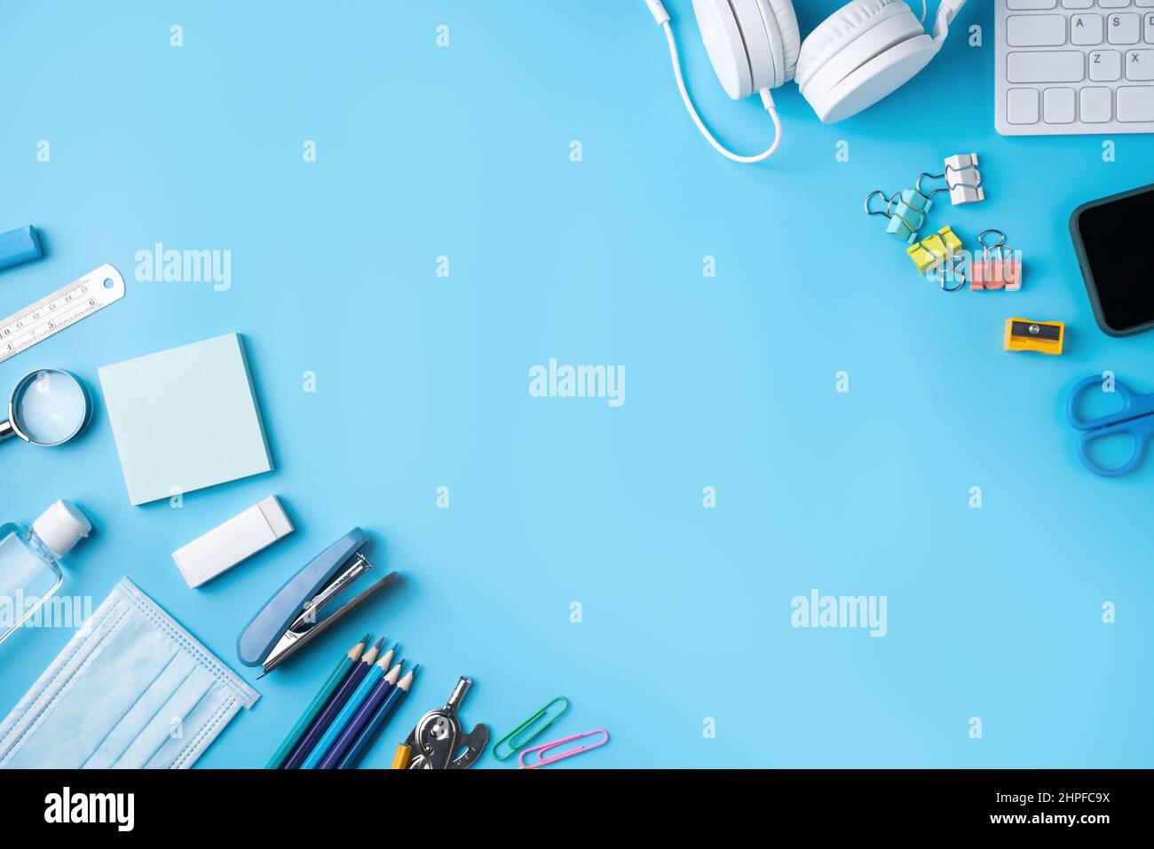 Online learning and back to school design concept. Top view of student ...