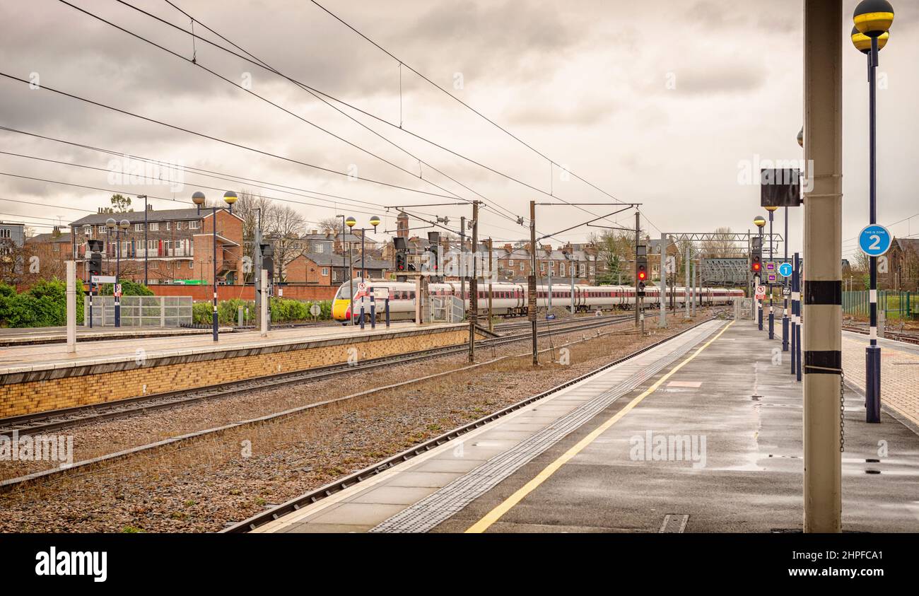 The end of a railway platform where a train leaves a railway station ...