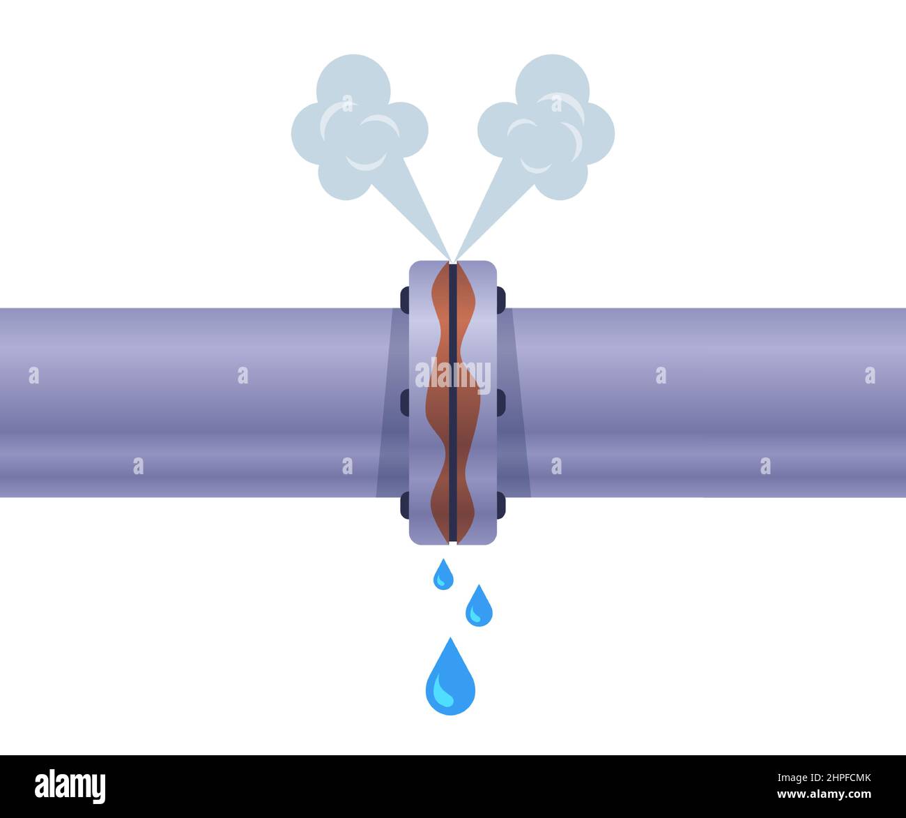 rusty pipe leaks and releases steam. flat vector illustration Stock ...