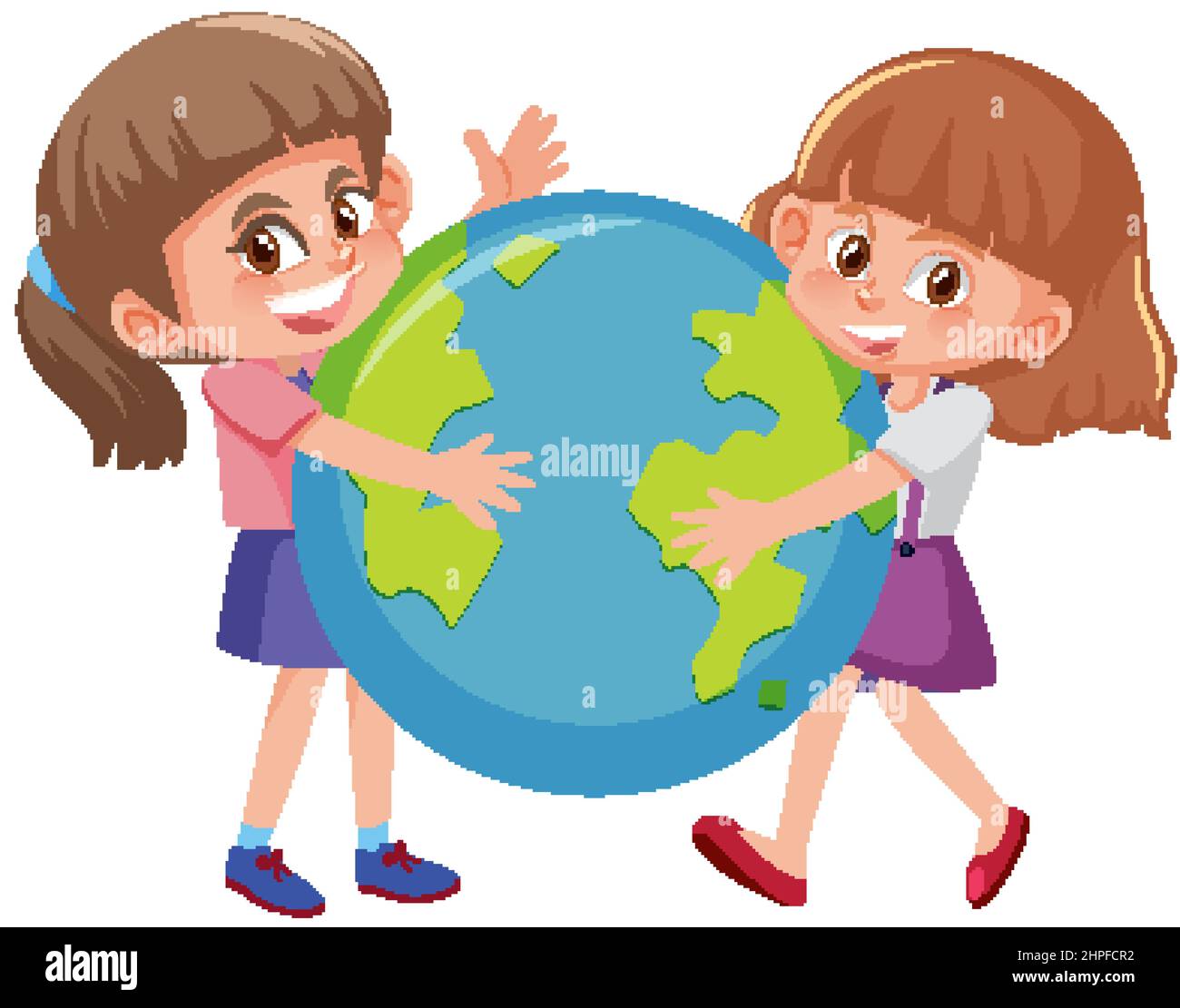 Two girls hugging earth globe togetherin cartoon style illustration ...