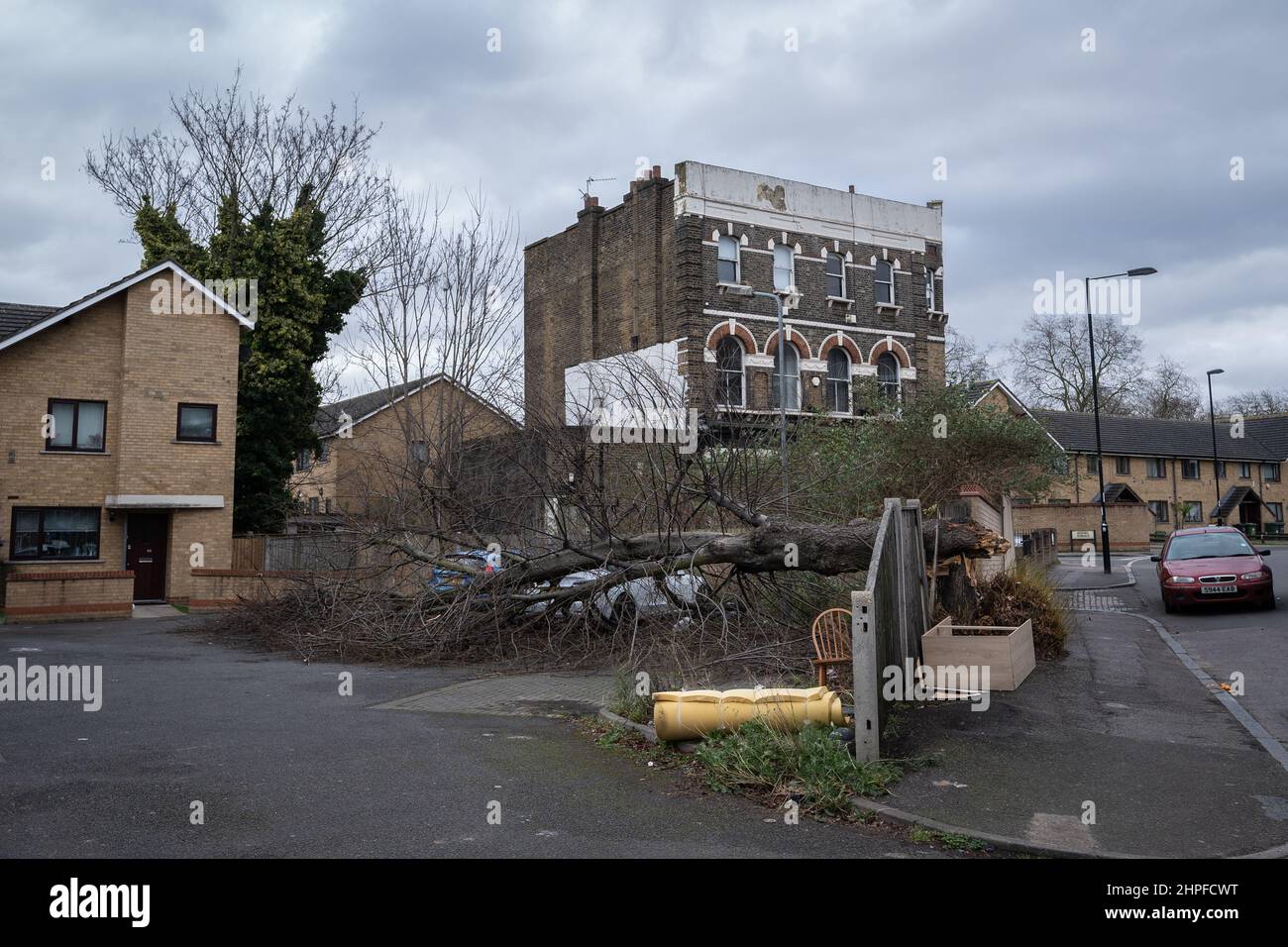 London, UK. 21st Feb, 2022. UK Weather: Storm Eunice aftermath. A large ...
