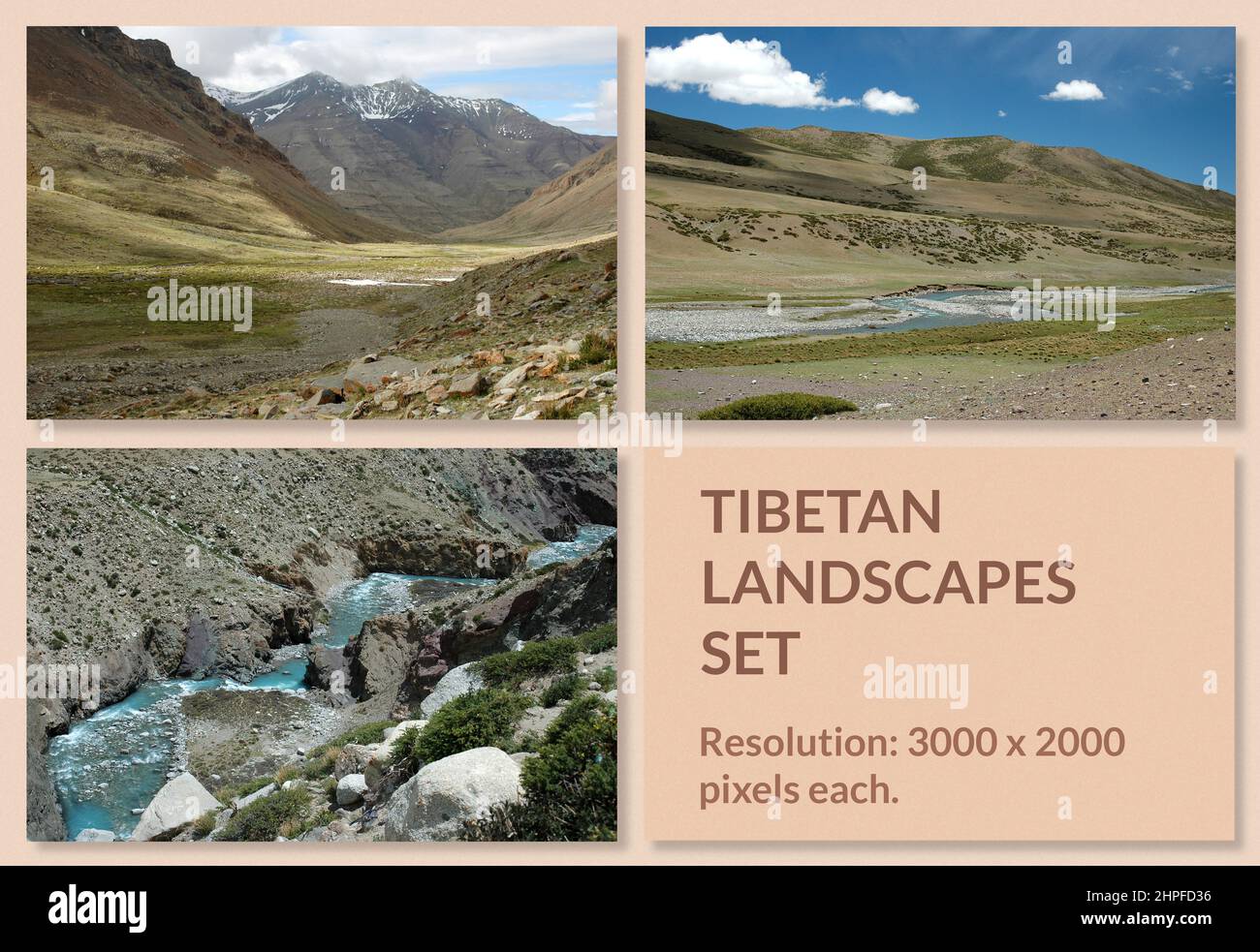 Set of Tibetan landscape with hills, mountains, rivers, Himalaya, Tibet ...