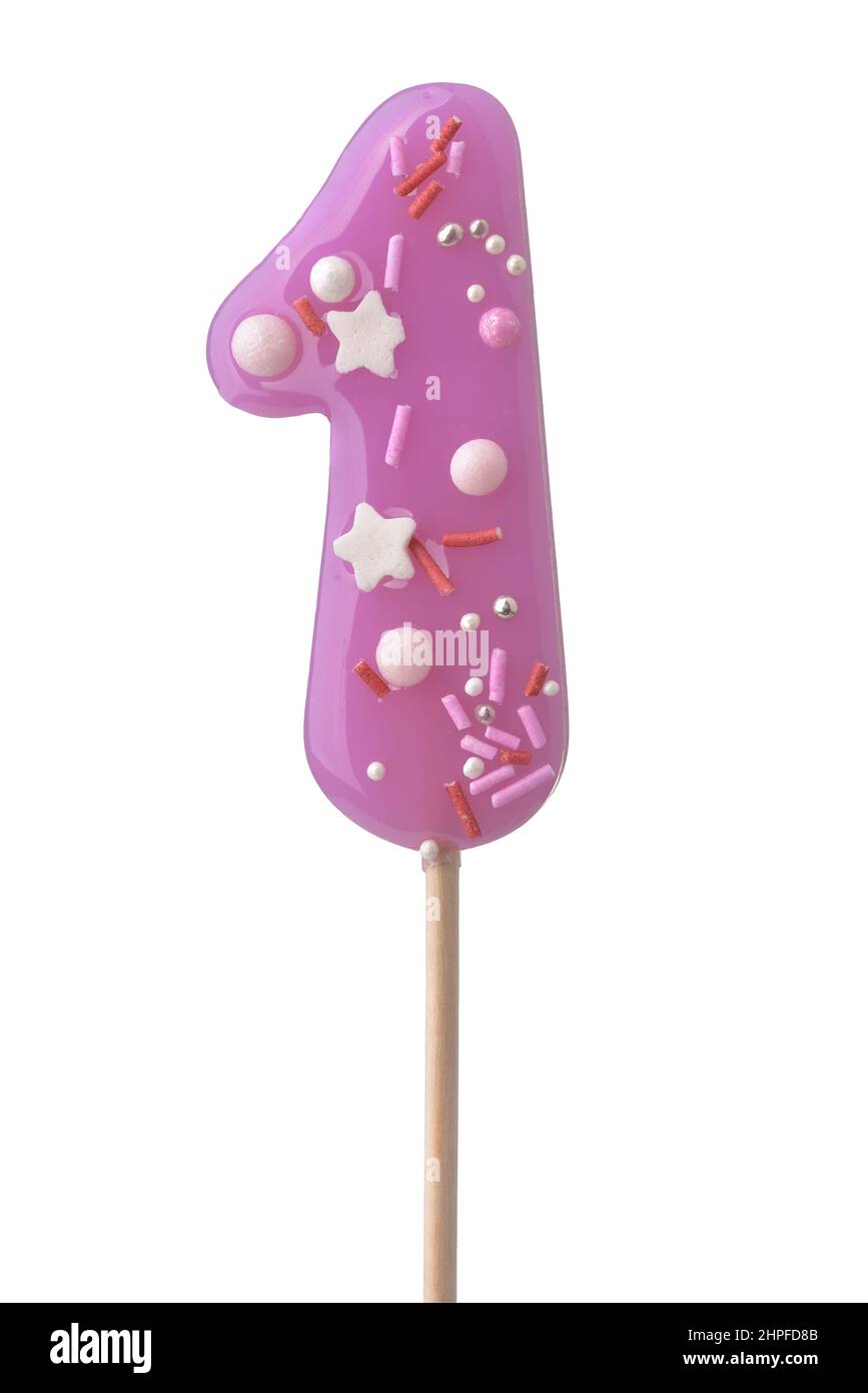 Front view of purple handmade number one lollipop isolated on white ...