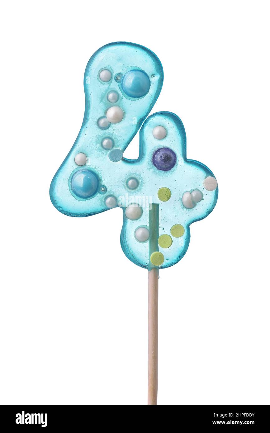 Front view of blue transparent handmade number four lollipop isolated ...