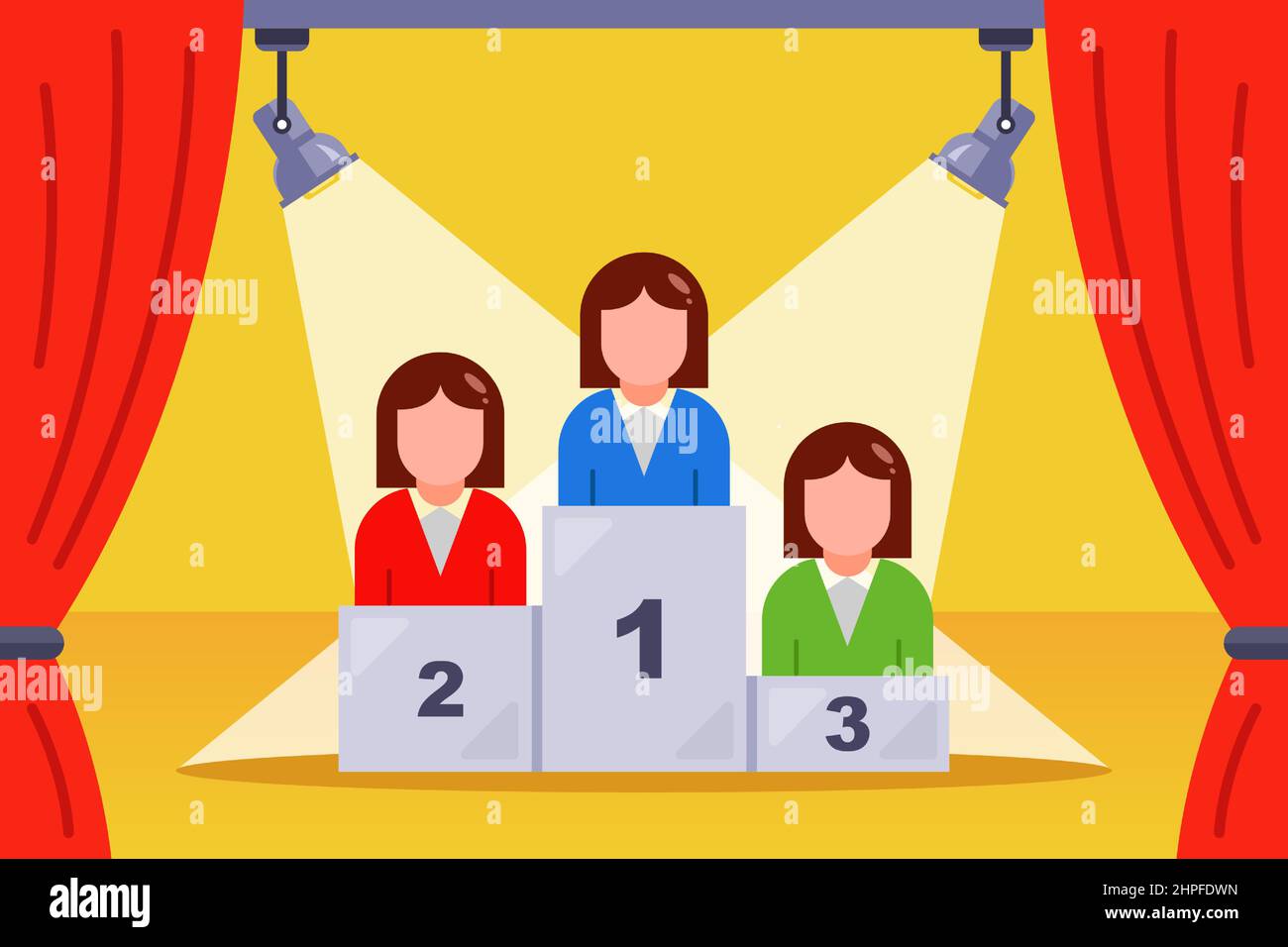 girls stand on a podium at a beauty pageant. flat vector illustration ...