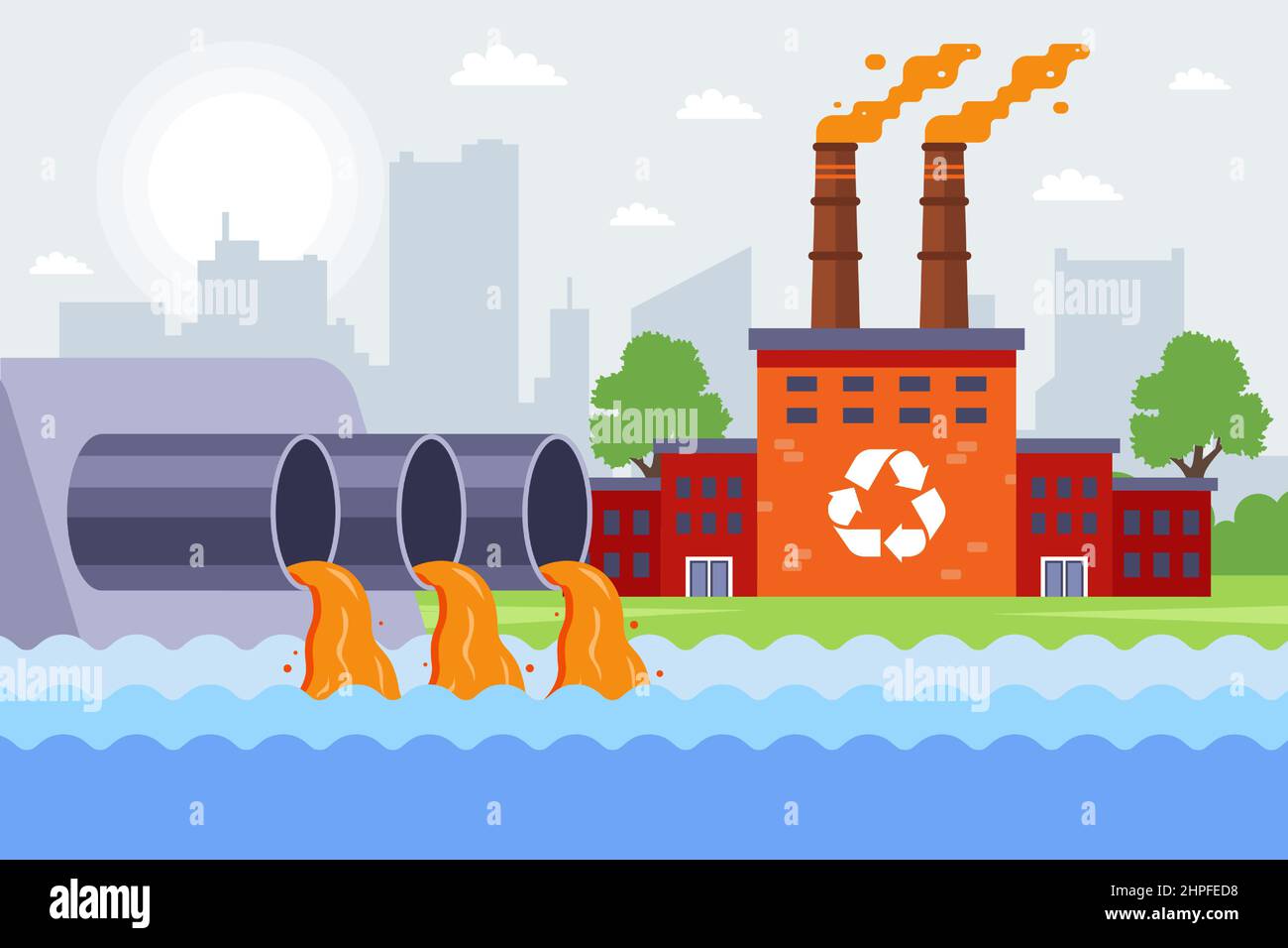 an industrial plant pollutes the environment. pour poisonous waste into ...
