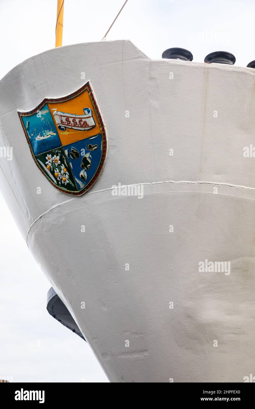The bow of the Scillonian III Ferry docked in Penzance Harbour. The ...