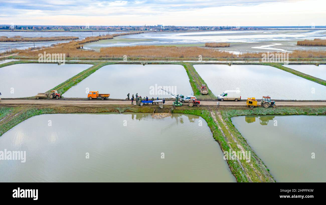 Above view on equipment and mechanization with fishing scoop at ...