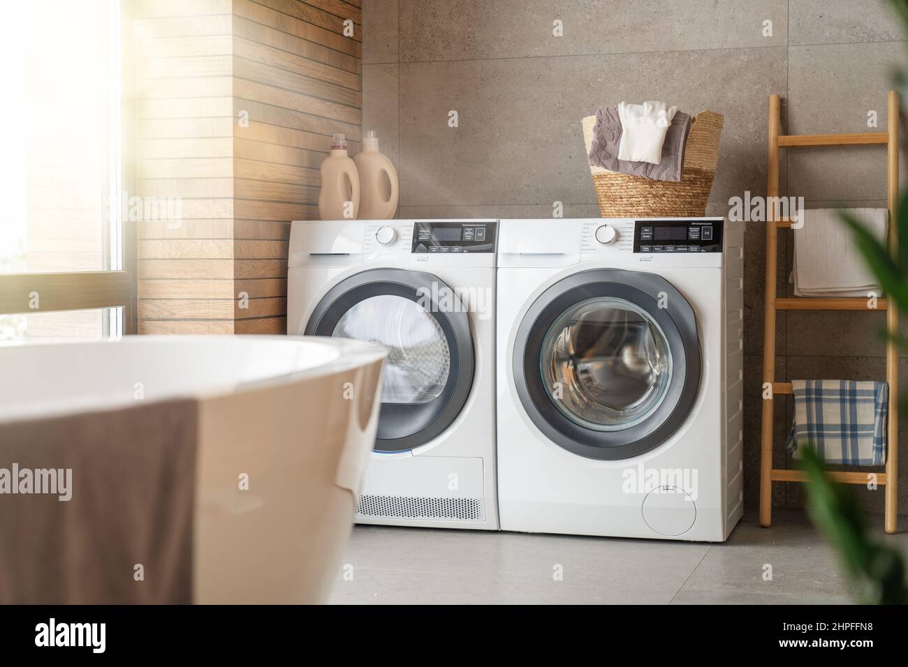 Interior of a real laundry room with a washing machine at home Stock ...