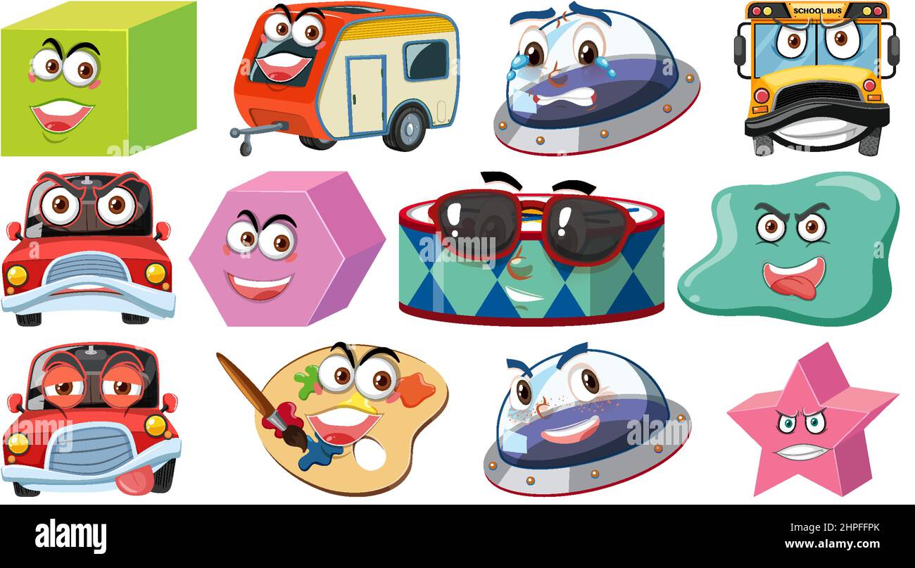 Set of different toy objects with smiley faces illustration Stock ...