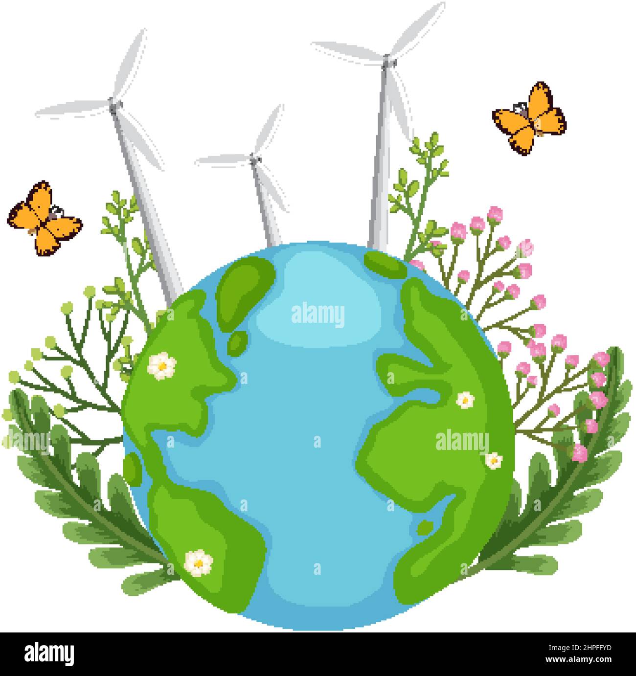 Wind turbine on earth with nature leaves and butterflies illustration ...