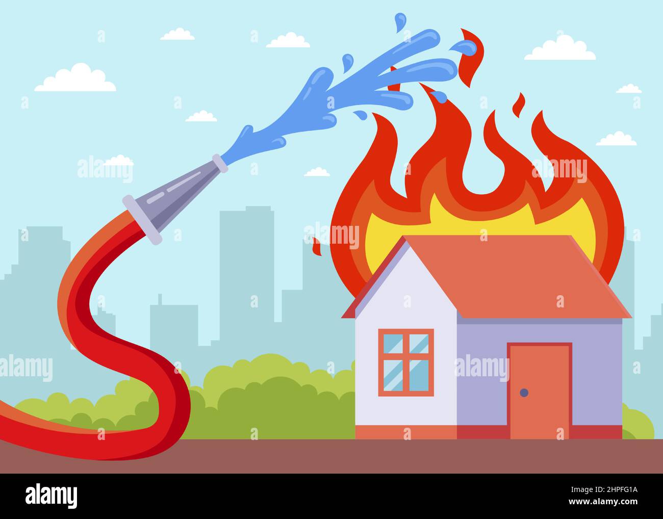 a burning house is being extinguished from a hose. flat vector ...