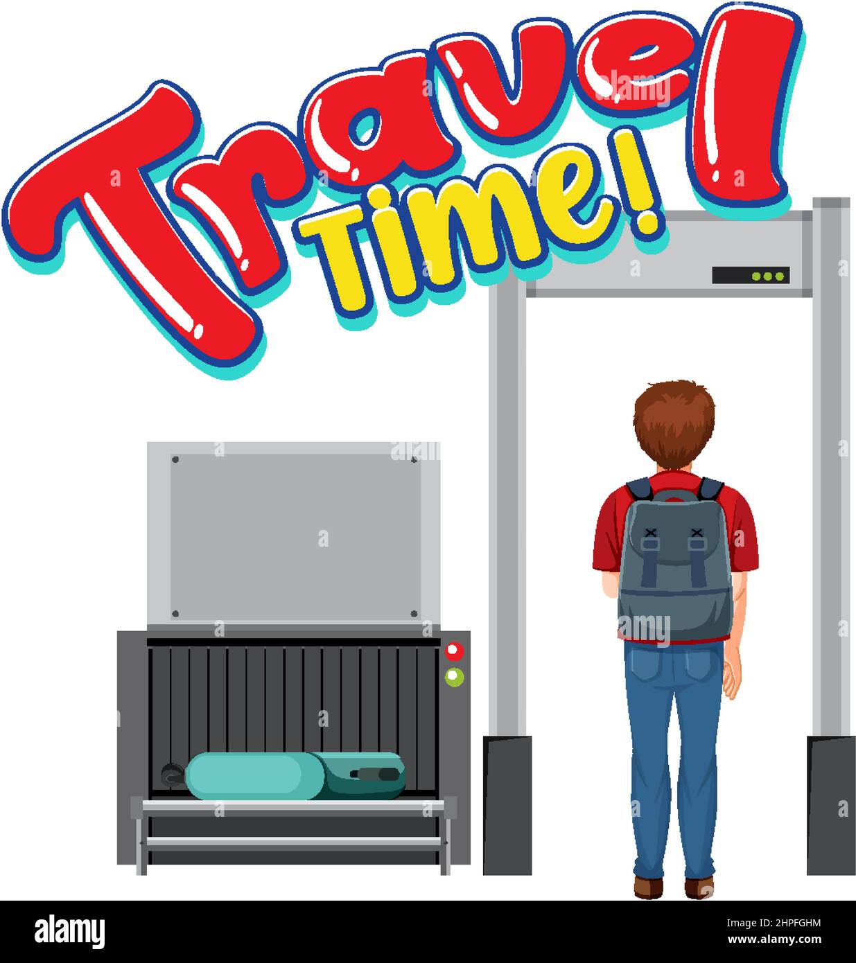 Travel Time typography design with passenger in cartoon style ...