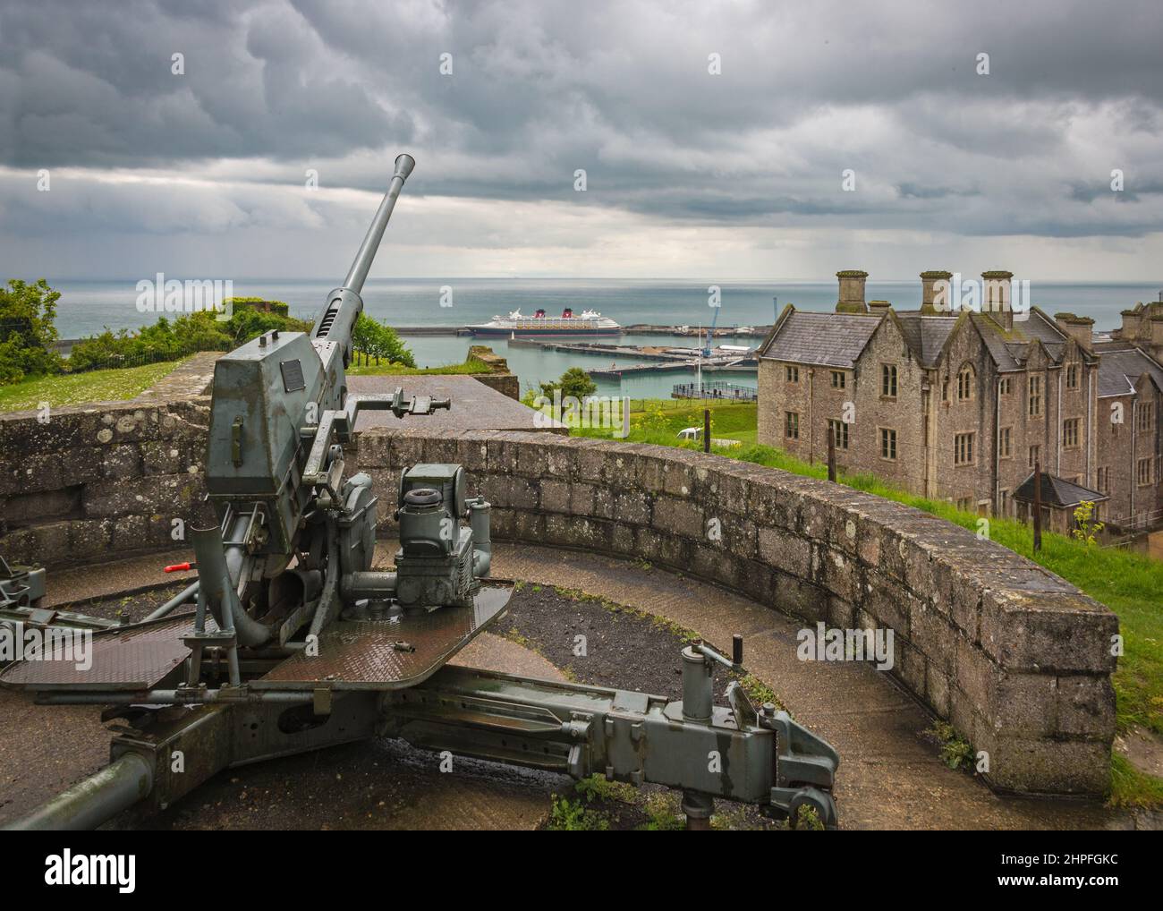 View from high up in Dover Castle looking down across the castle ...