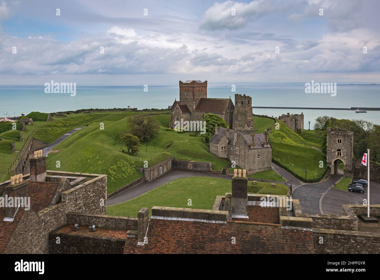 View from high up in Dover Castle looking down across the castle ...