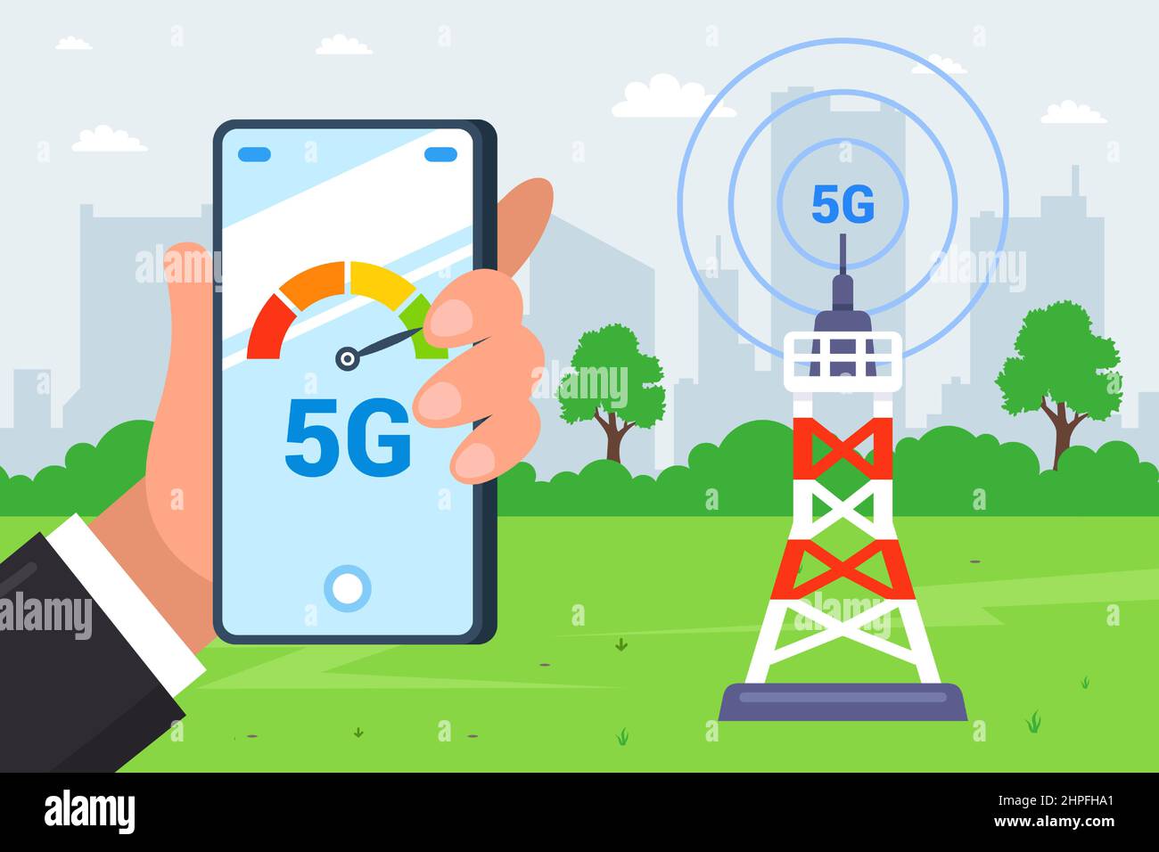 a tower that distributes 5G Internet. hand holds a smartphone that ...