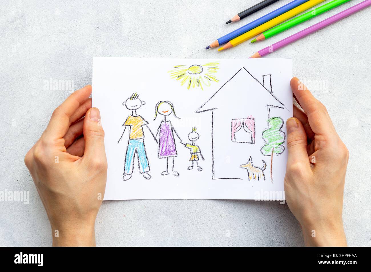 Mortgage concept. Happy family in house - Childrens drawing Stock Photo ...
