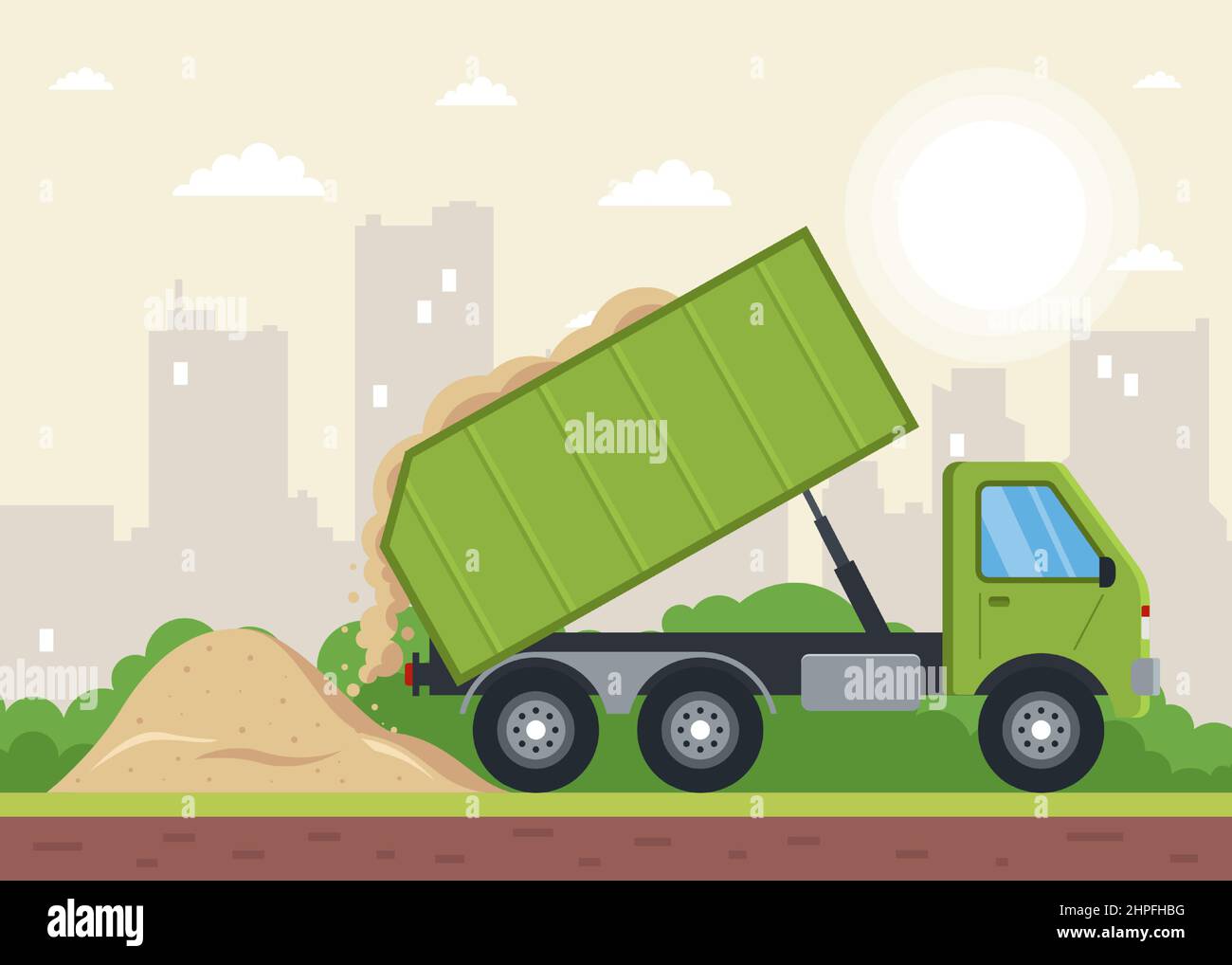 sand delivery by truck. rash of soil to the ground. flat vector ...