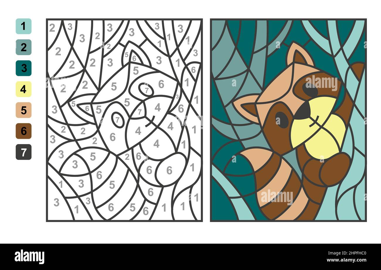 Color by numbers raccoon Animal. Puzzle game for children education ...