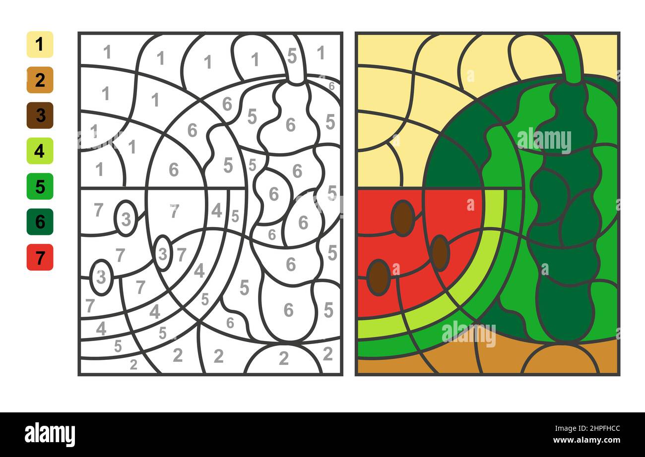 Color by numbers watermelon slice. Puzzle game for children education ...