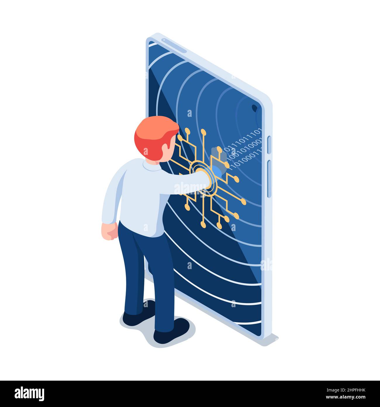Flat 3d Isometric Businessman Going into a Digital World and Change to Binary Code. Metaverse or ...