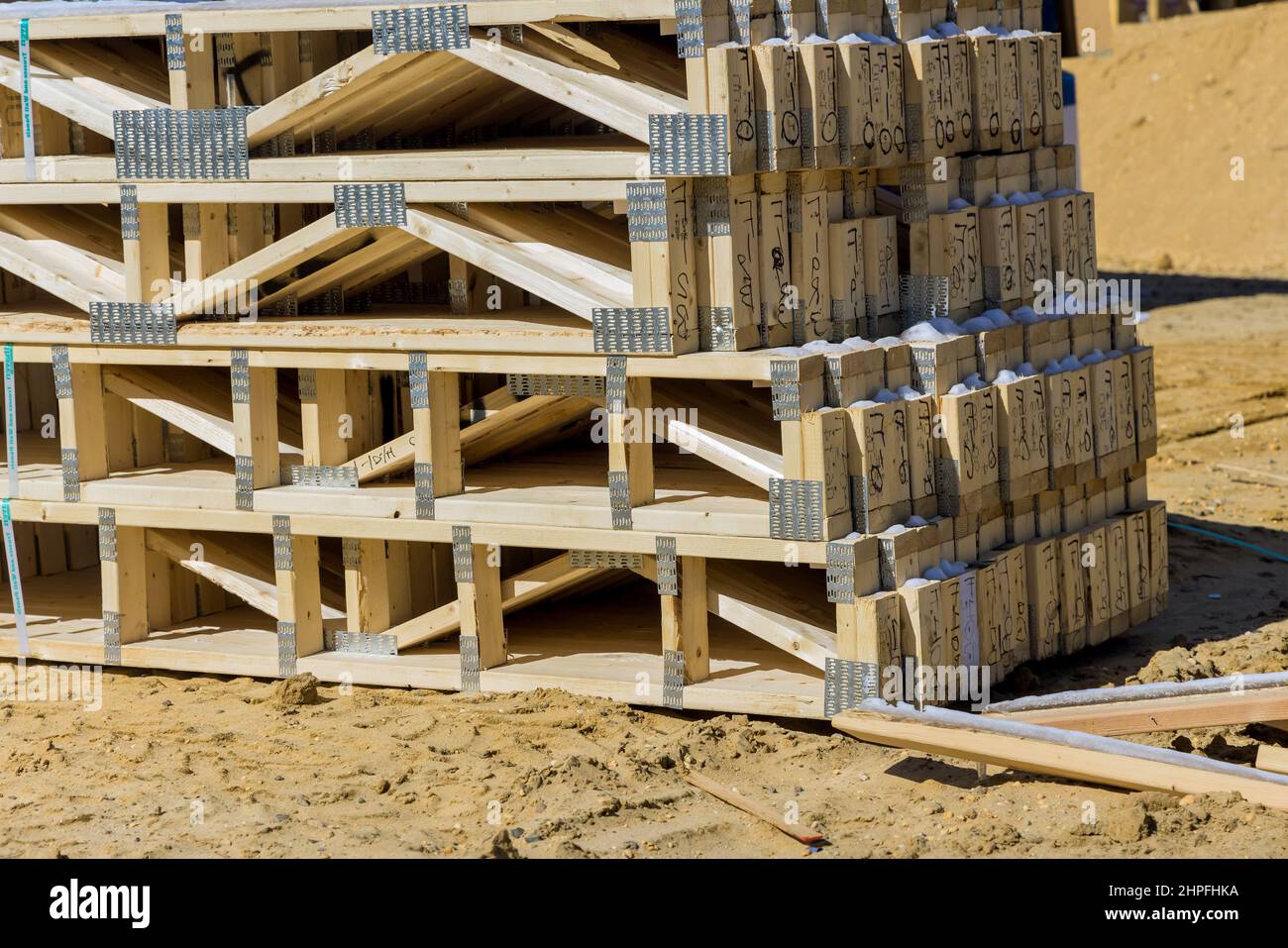 Stack at the lumber materials studs for new wooden house Stock Photo ...