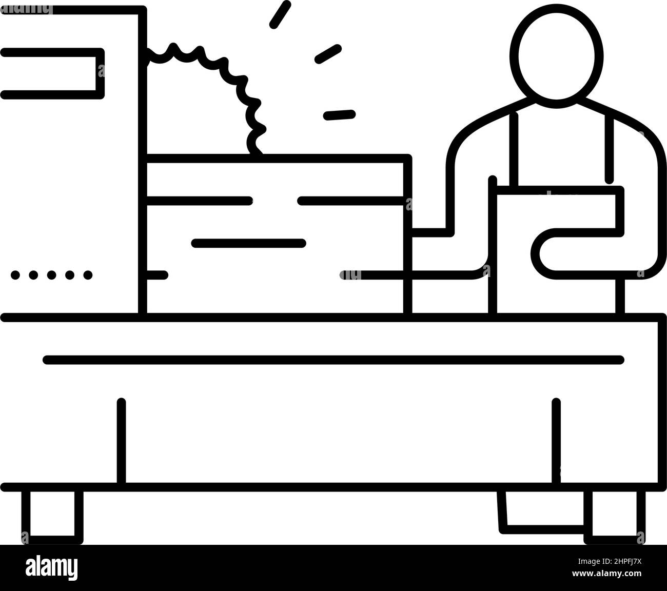 worker cutting wooden timber with sawmill machine line icon vector ...