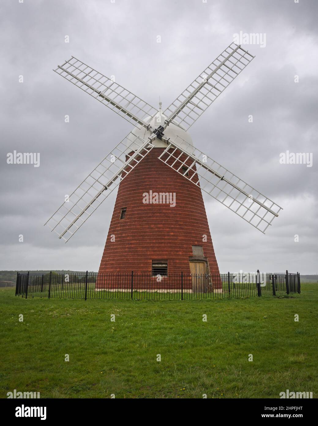 The restored 18c brick tower, Halnaker windmill, which has a 16 sided ...