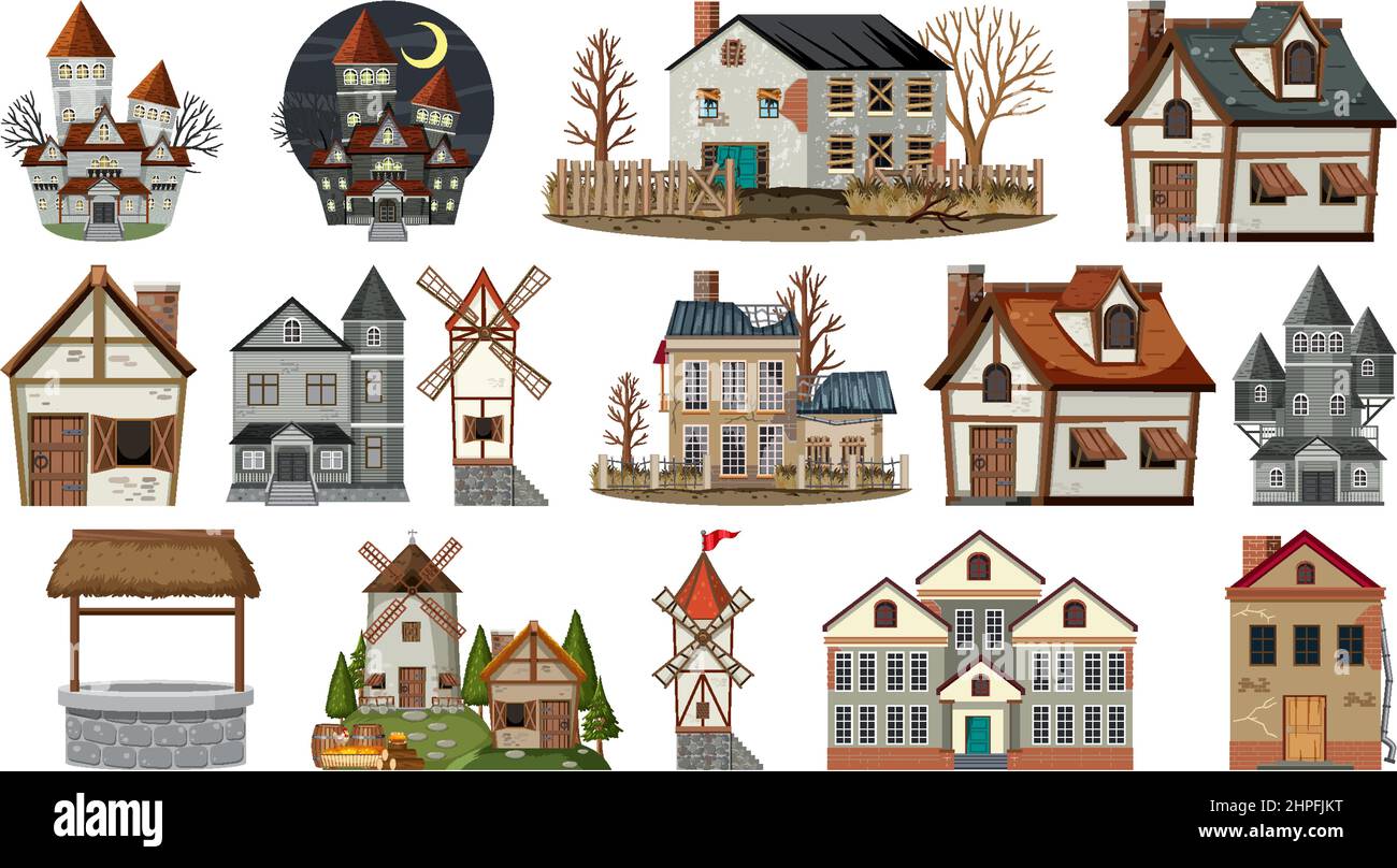 Set of abandoned houses and buildings illustration Stock Vector Image ...