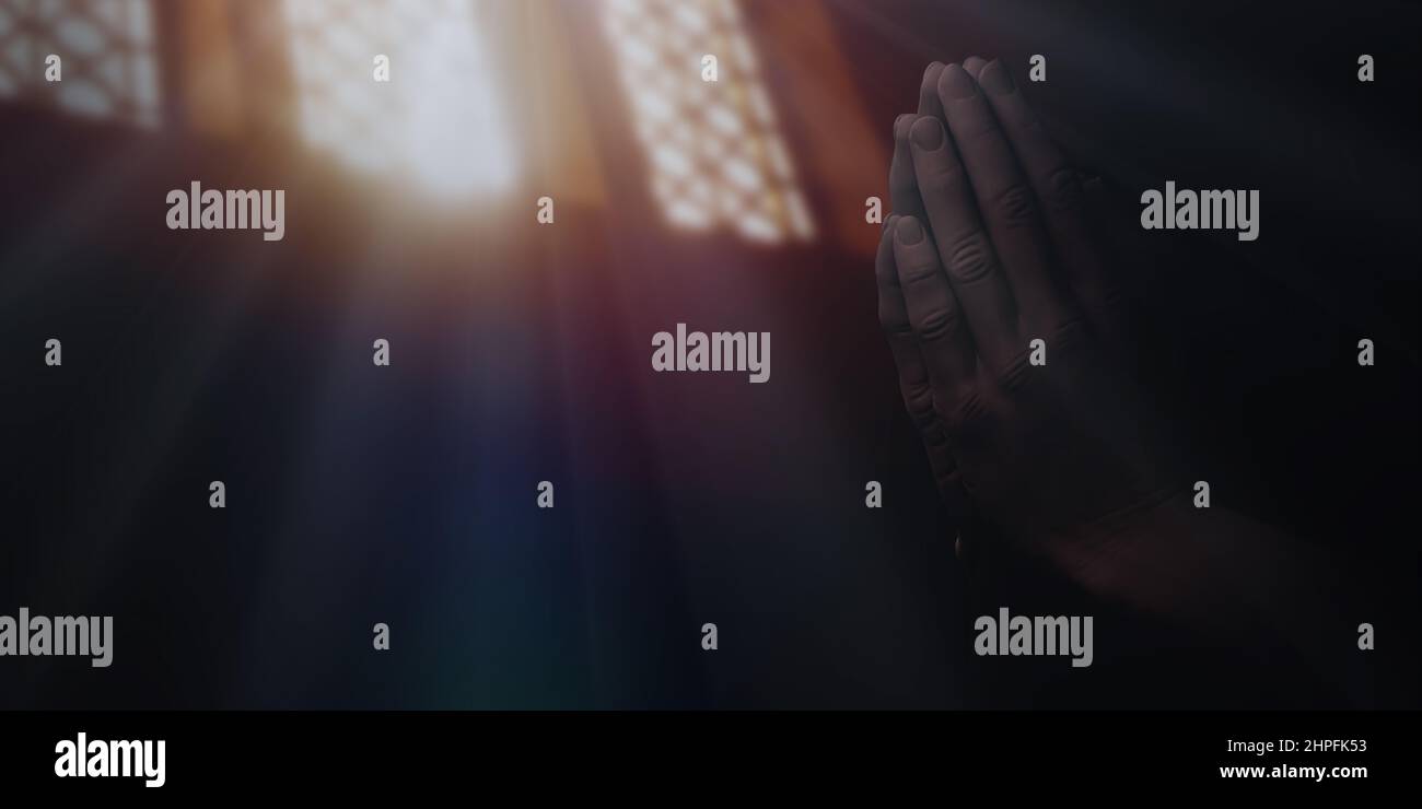 Praying hands of white prayer in 3D rendered illustration. Spotlight on ...