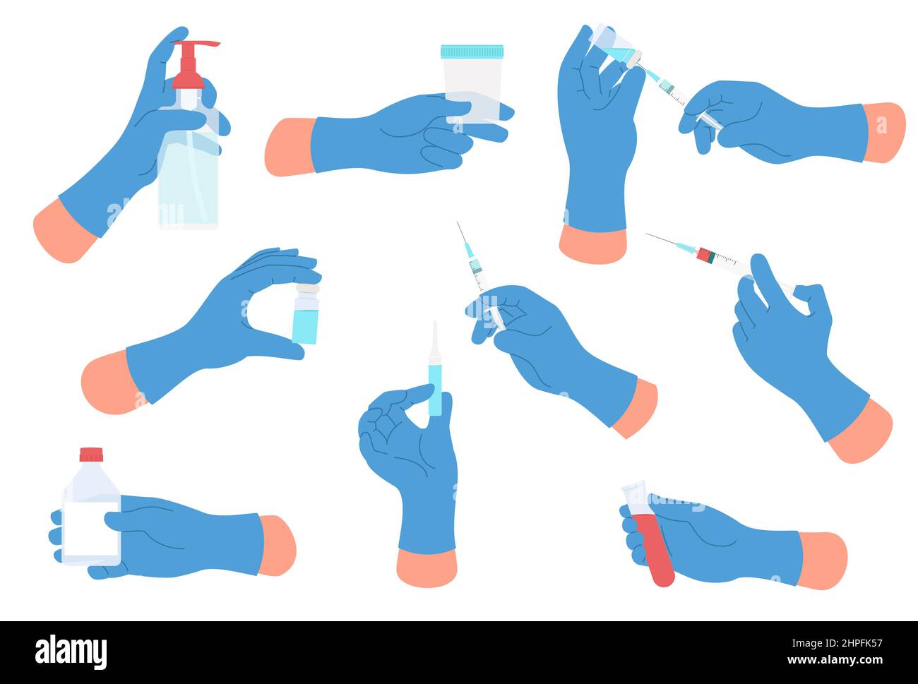 Medical hands. Doctor arms wearing surgical gloves hold different ...