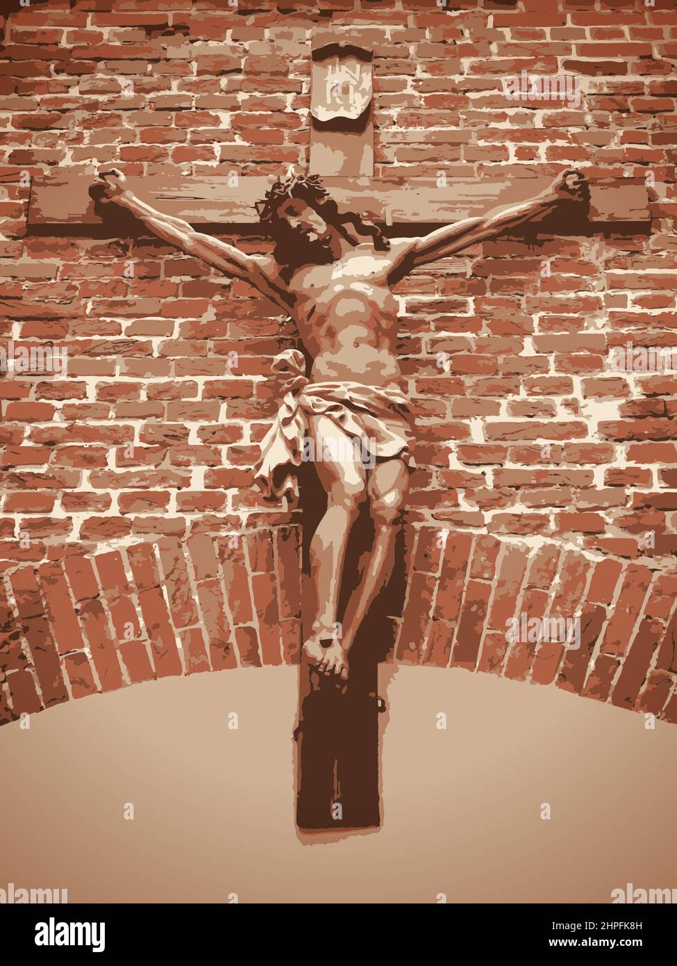 Crucifixion of Christ on red brick wall. He is Risen, Holy week ...