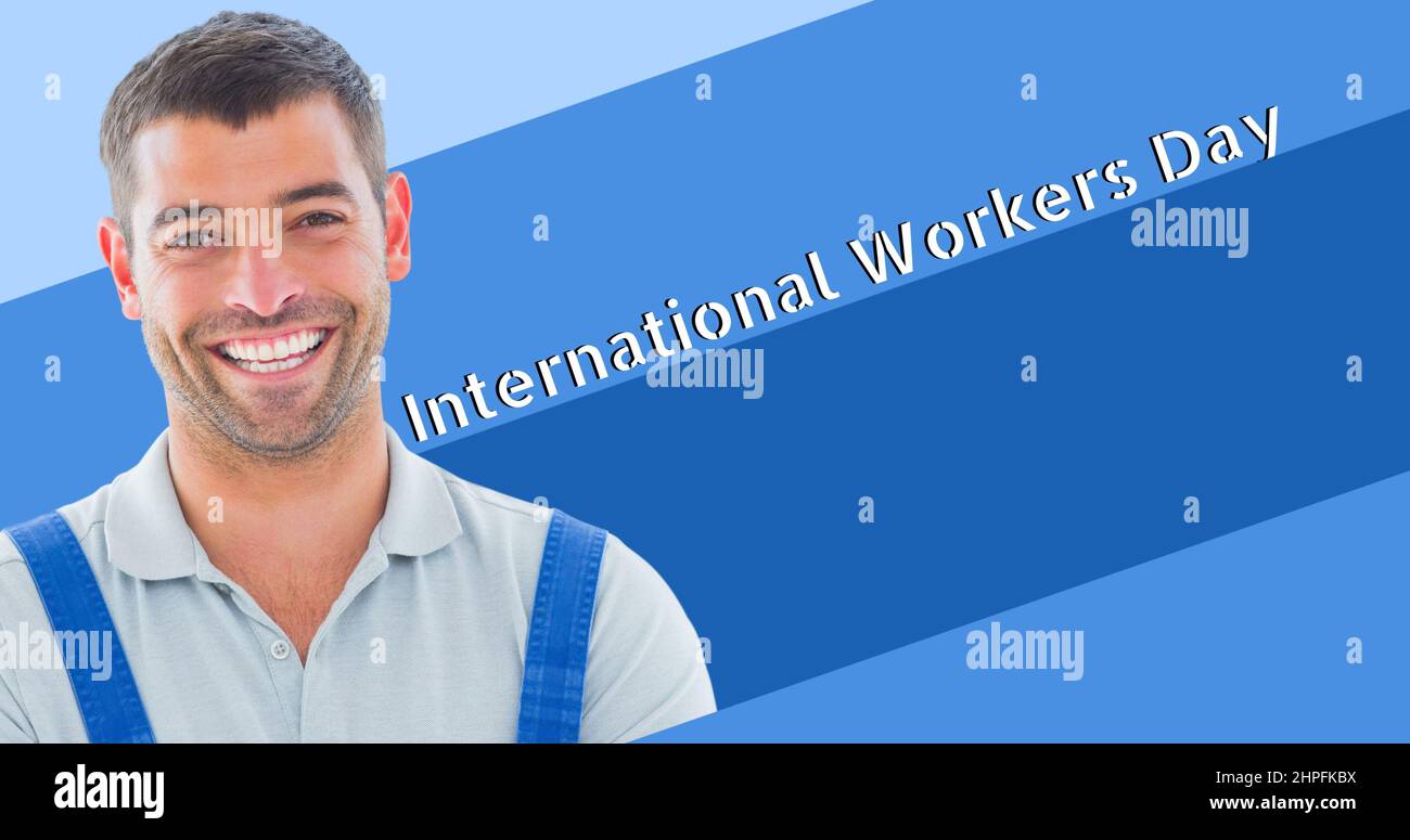 Portrait of smiling male caucasian labor by international workers day ...