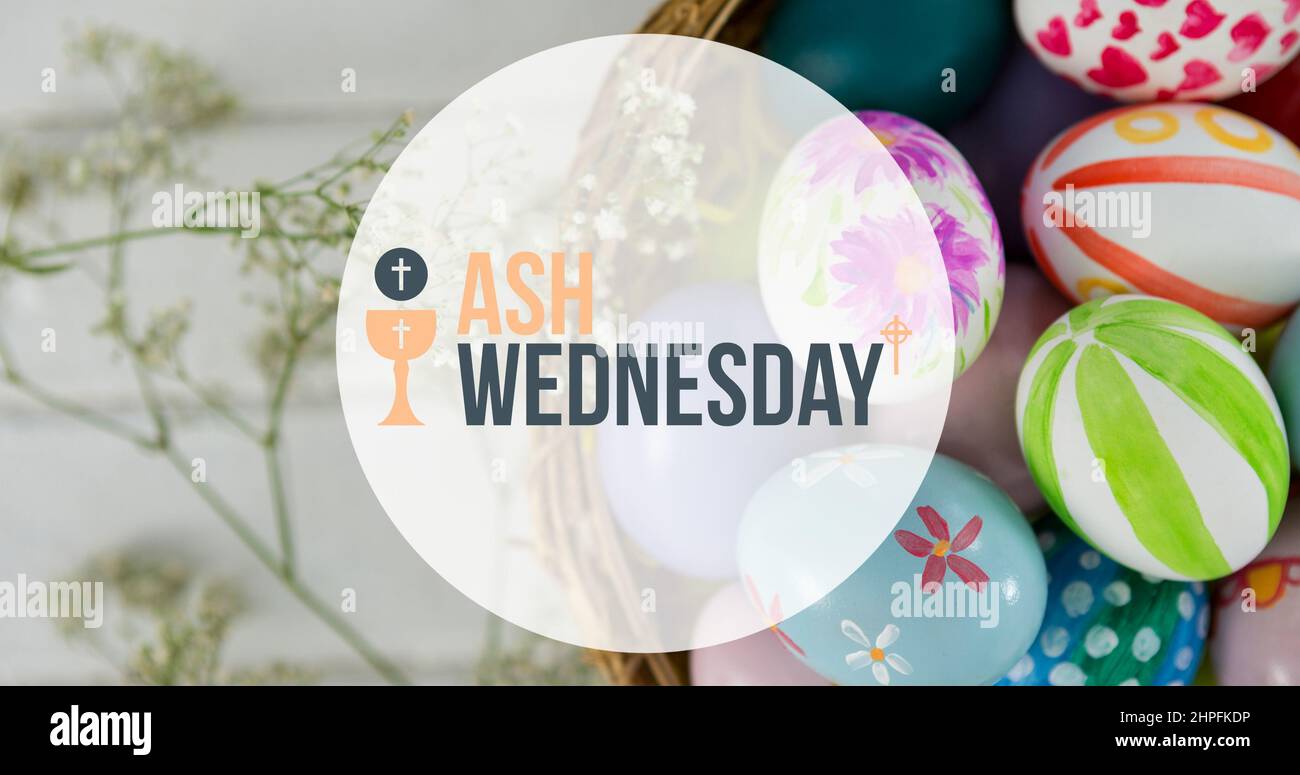 Overhead view of ash wednesday symbol text over multi colored easter ...