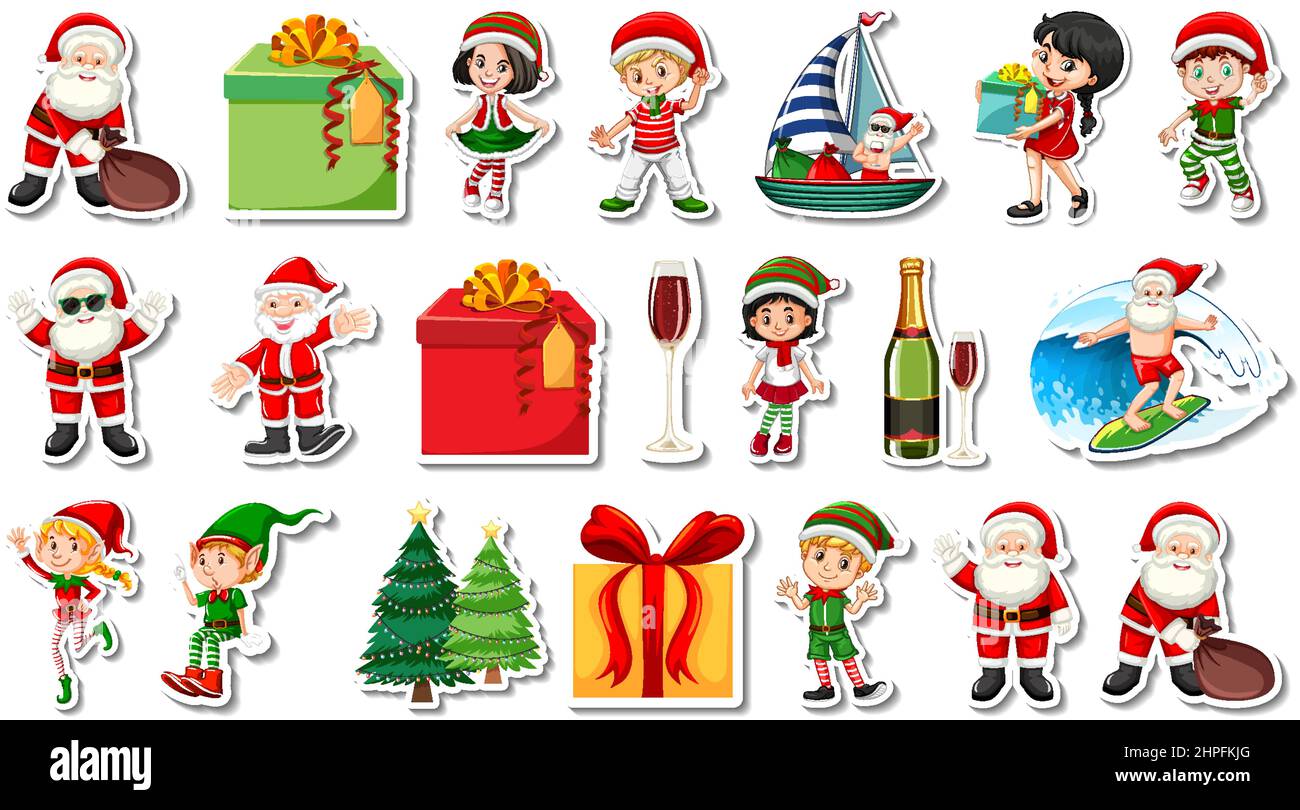 Set of Christmas objects and cartoon characters illustration Stock ...