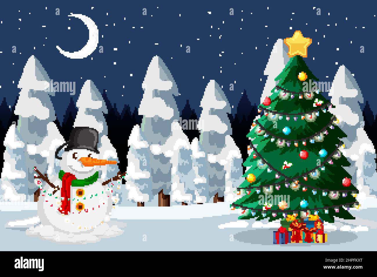 Christmas snowman and decorated tree in the snow at night scene ...