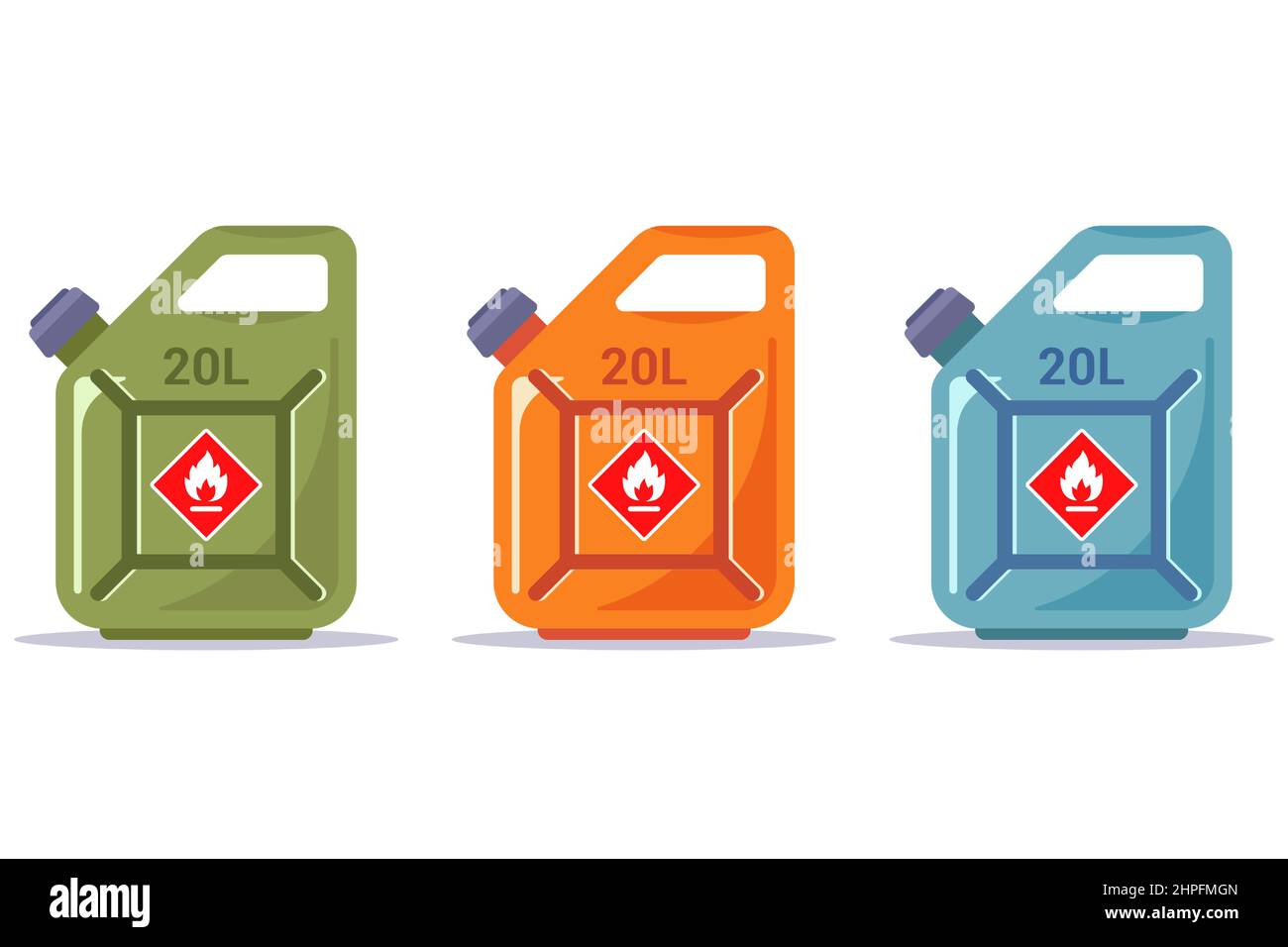 set of multi-colored canisters for carrying gasoline. flat vector ...