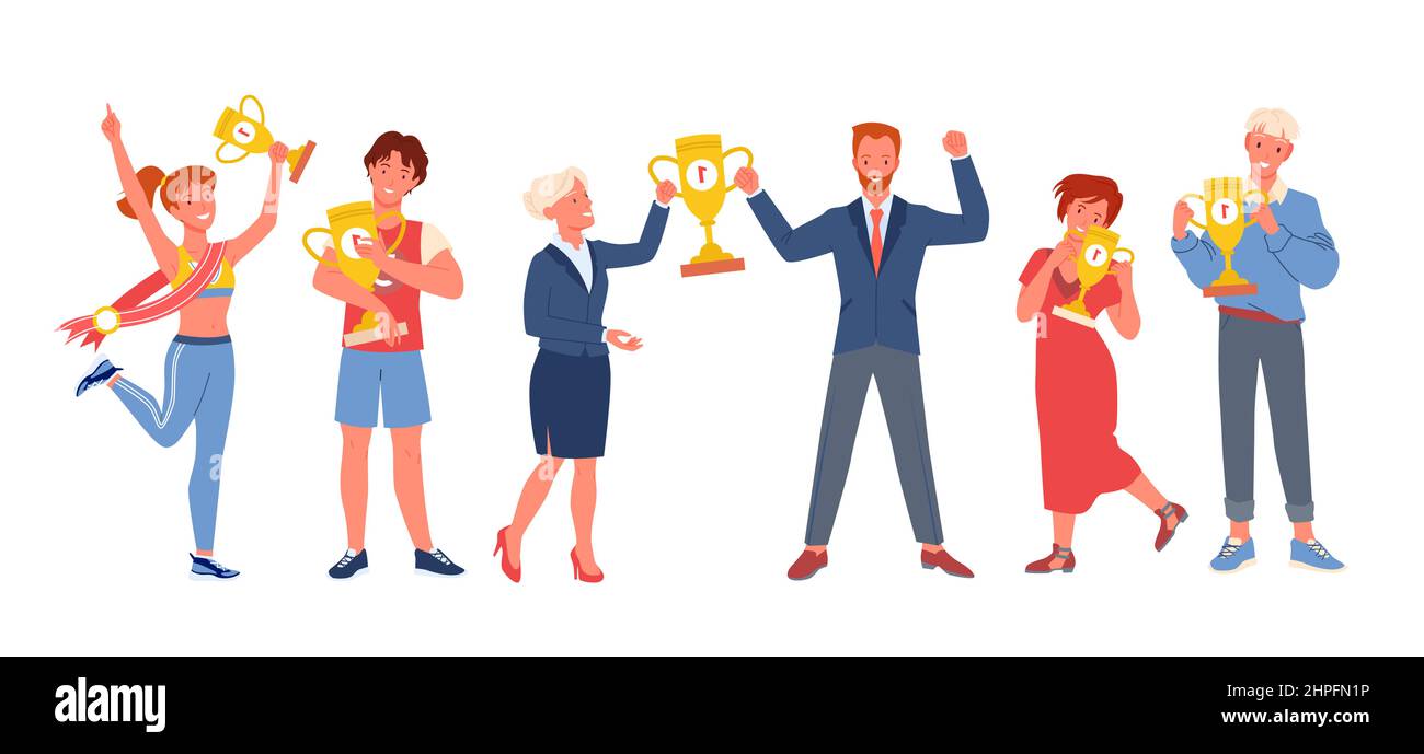 Happy people winners with first place awards set, winning gold cup ...