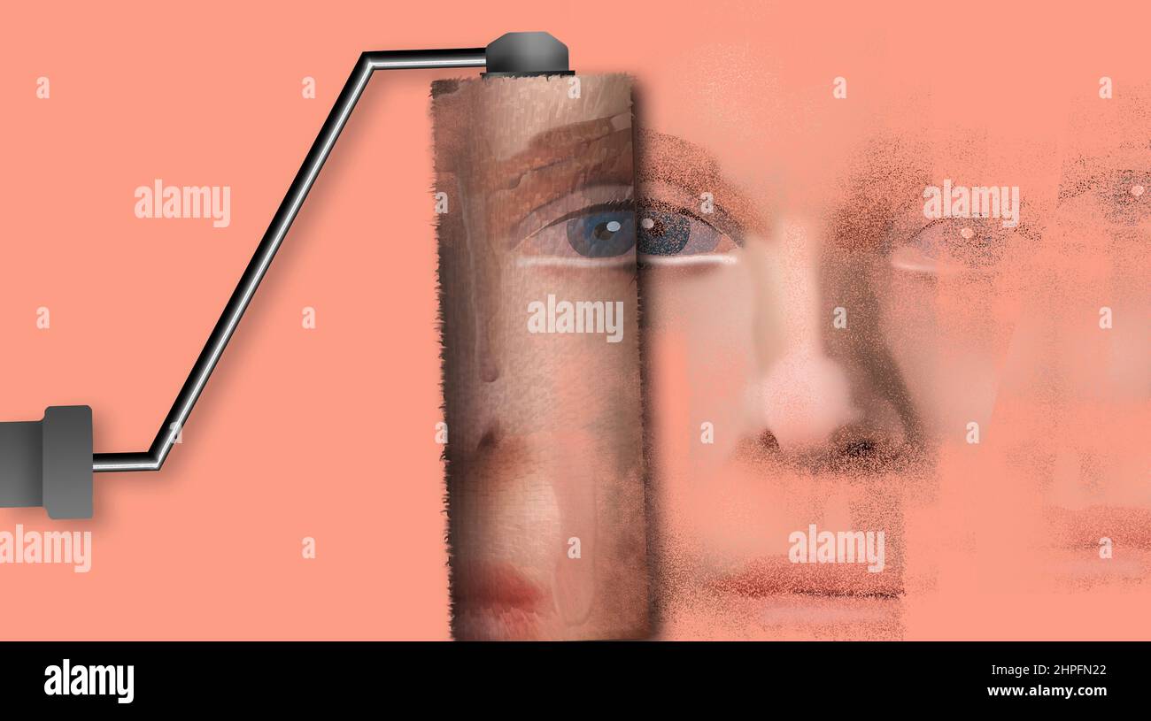 A paint roller rolls out the image of a face in this 3-d illustration ...