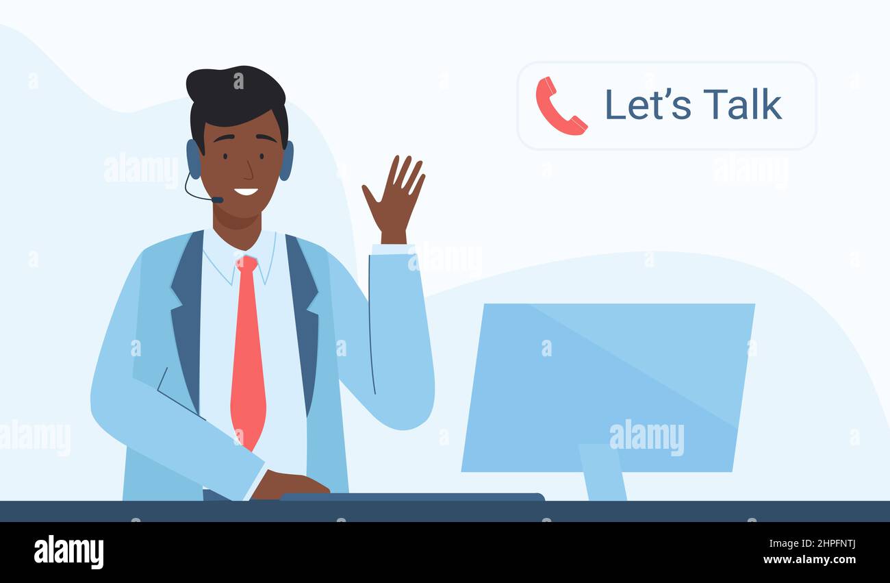 Customer service agent with headset at workstation. Technical support ...