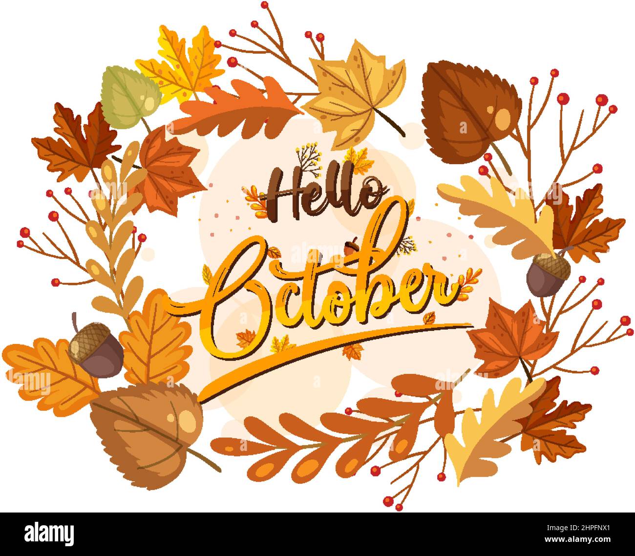 Hello October logo with ornamental autumn leaf illustration Stock ...