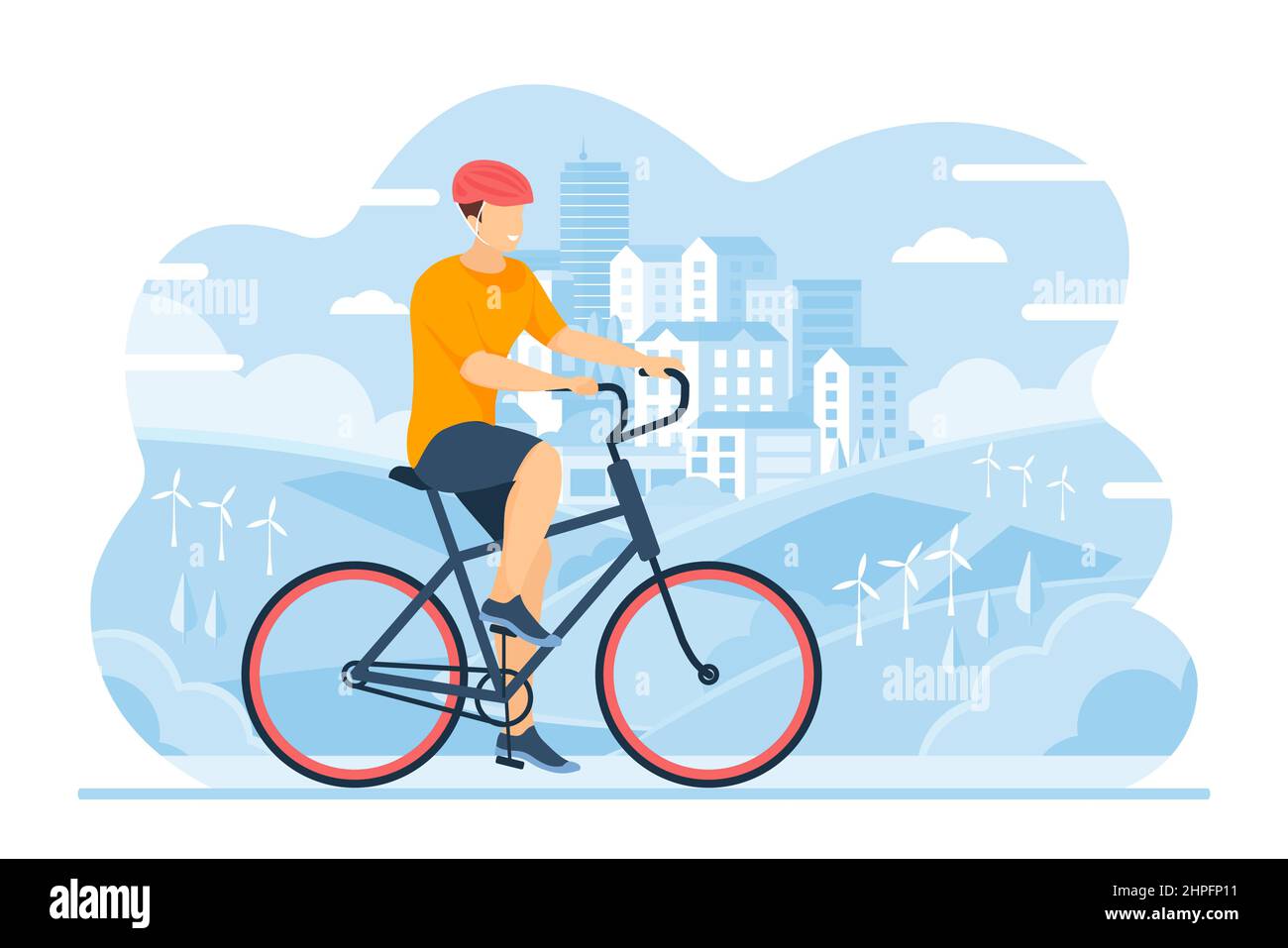 Eco road travel of man on bike. Healthy ride of young cyclist in safety ...